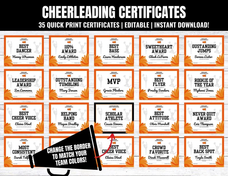 Editable Cheerleading Award Certificates: Cheer Team Awards With Orange ...