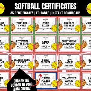 Editable Softball Award Certificates, Softball Team Awards, Softball ...