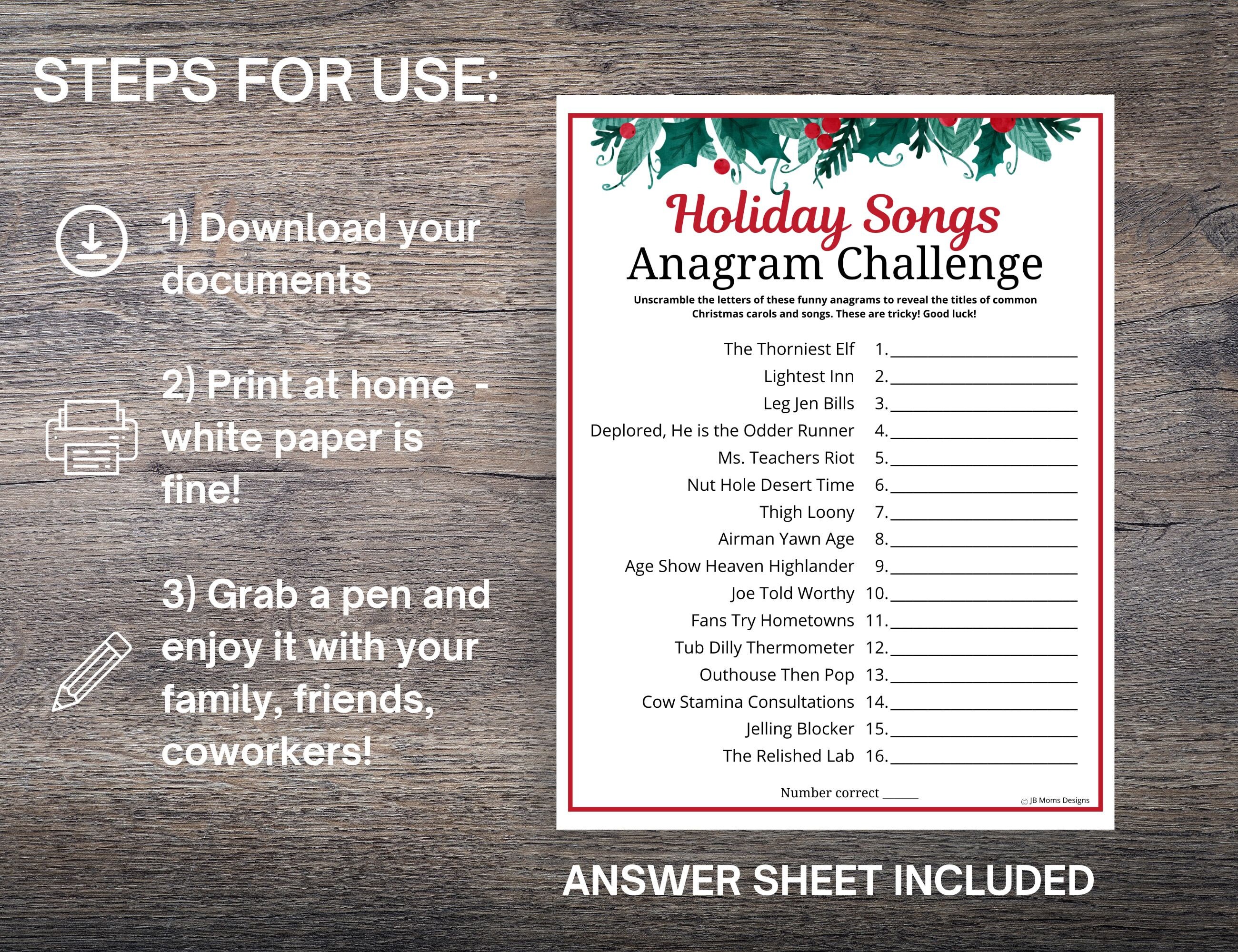Christmas Carol Anagram Game: Challenging Holiday Music Quiz (PDF ...