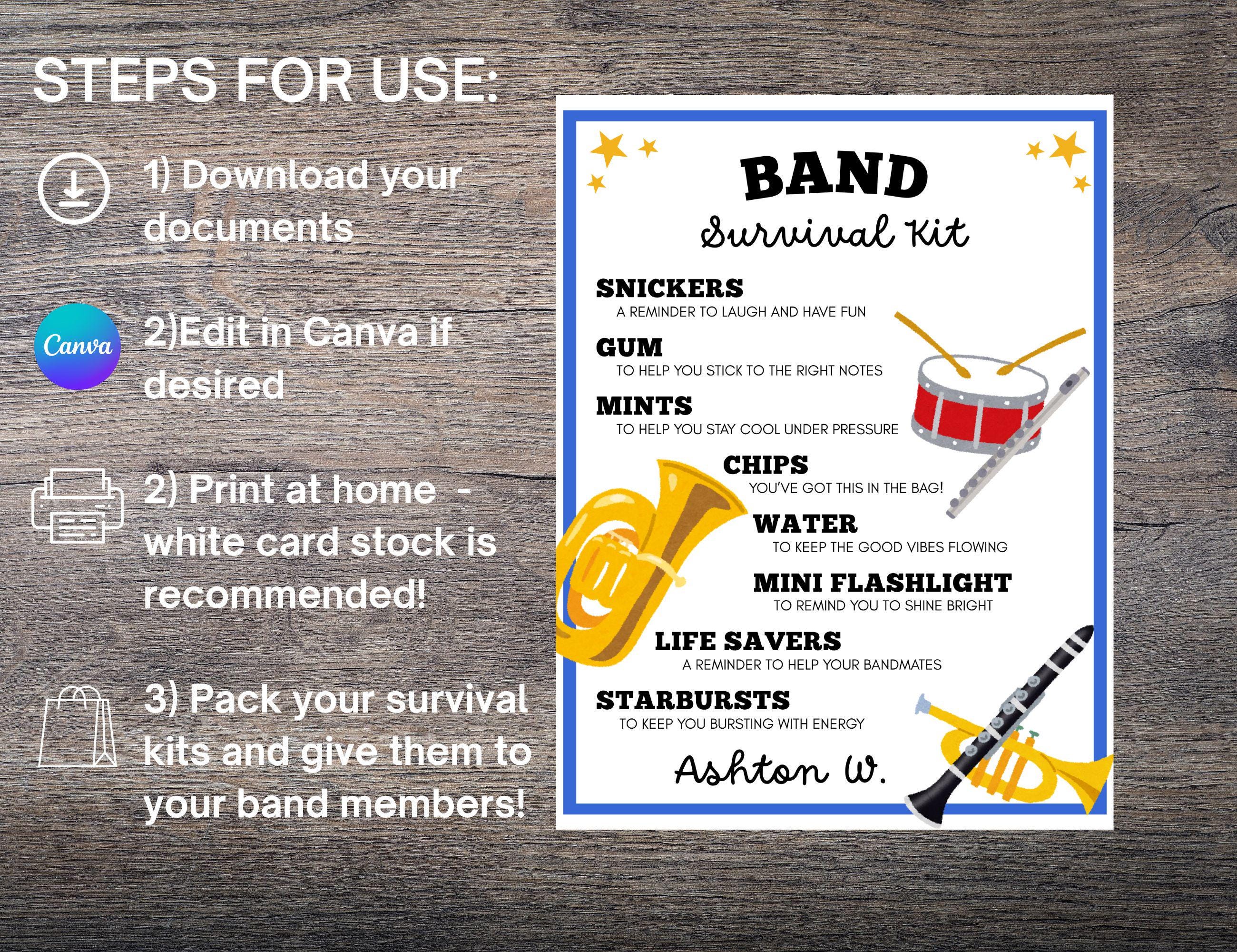 Editable Band Survival Kit Printable: Marching Band Gift Bag Tags ...