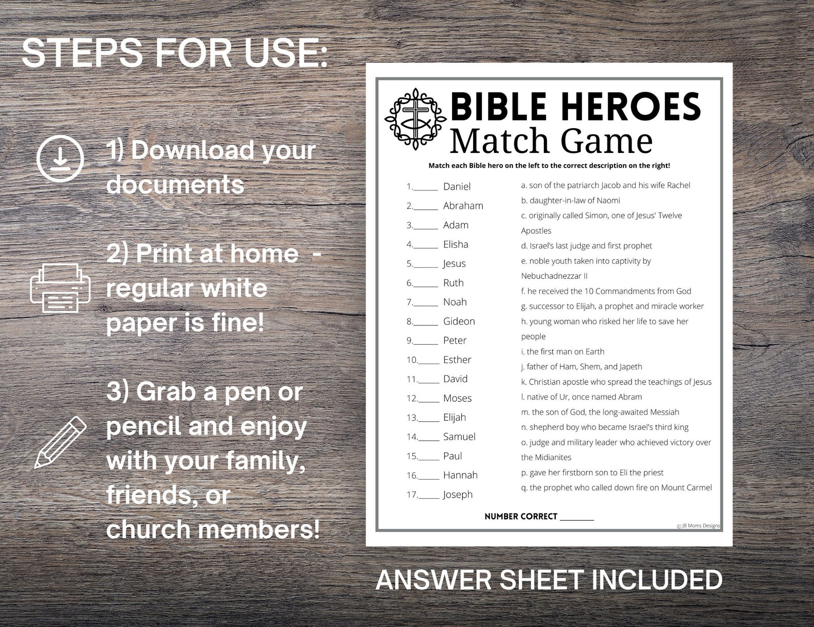 Bible Heroes Matching Game: Church Sunday School Activity (digital ...