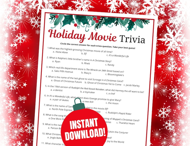 Christmas Movie Trivia Game: Fun Holiday Party Quiz (instant Download ...