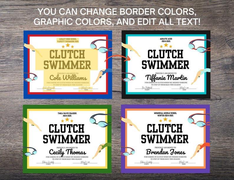 Editable Swim Team Awards: 70+ Printable Certificates (digital Download ...