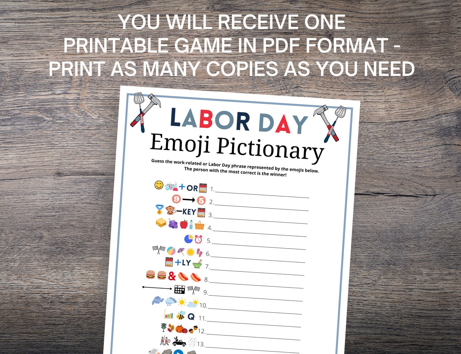 Labor Day Emoji Pictionary Game: Printable Trivia Activity (PDF ...