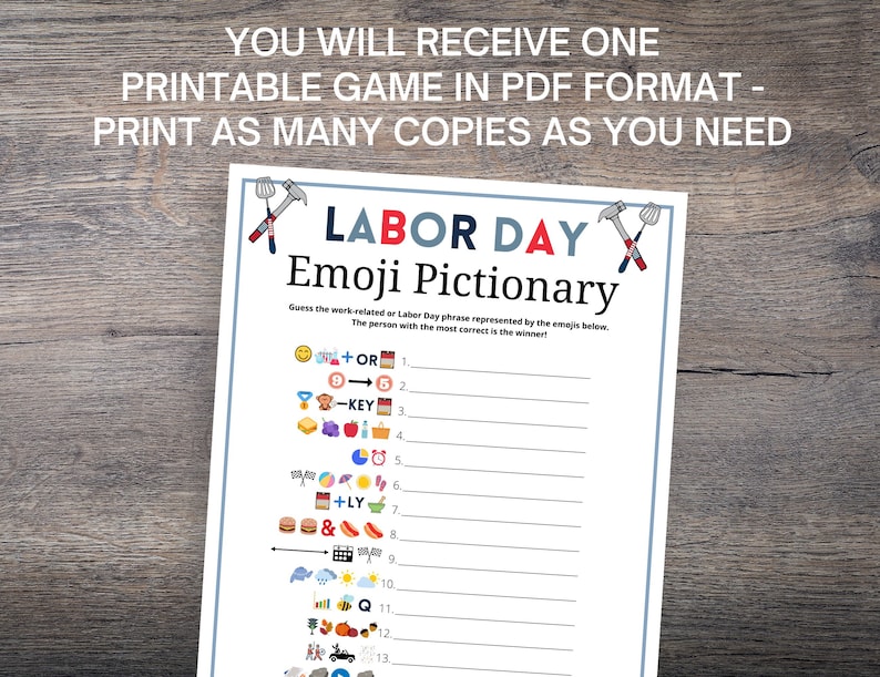 Labor Day Emoji Pictionary Game: Printable Trivia Activity (PDF ...
