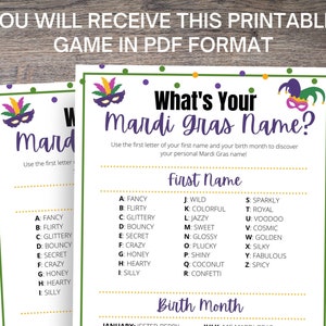 What's Your Mardi Gras Name Game Printable Funny Mardi - Etsy