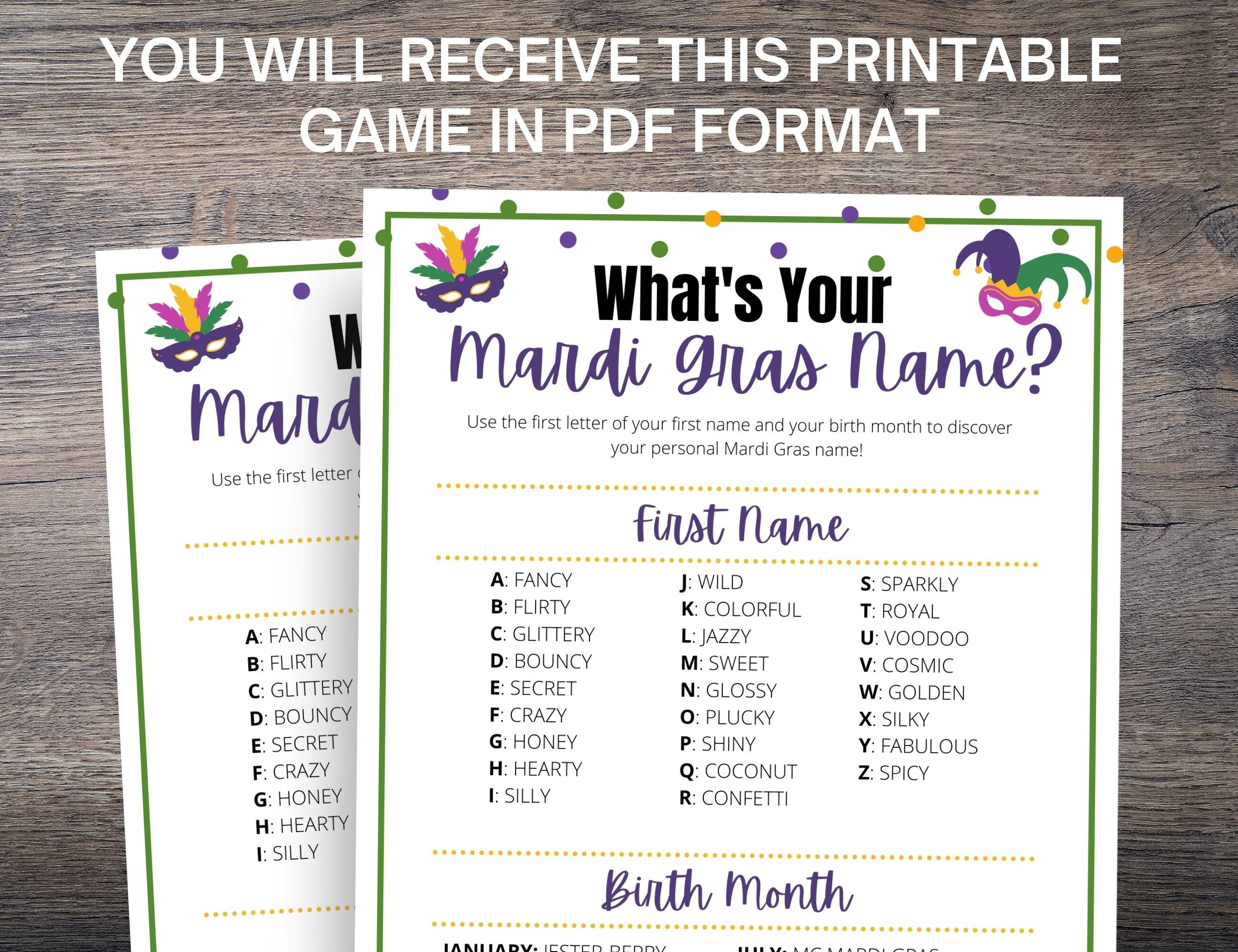 What's Your Mardi Gras Name Game Printable Funny Mardi - Etsy