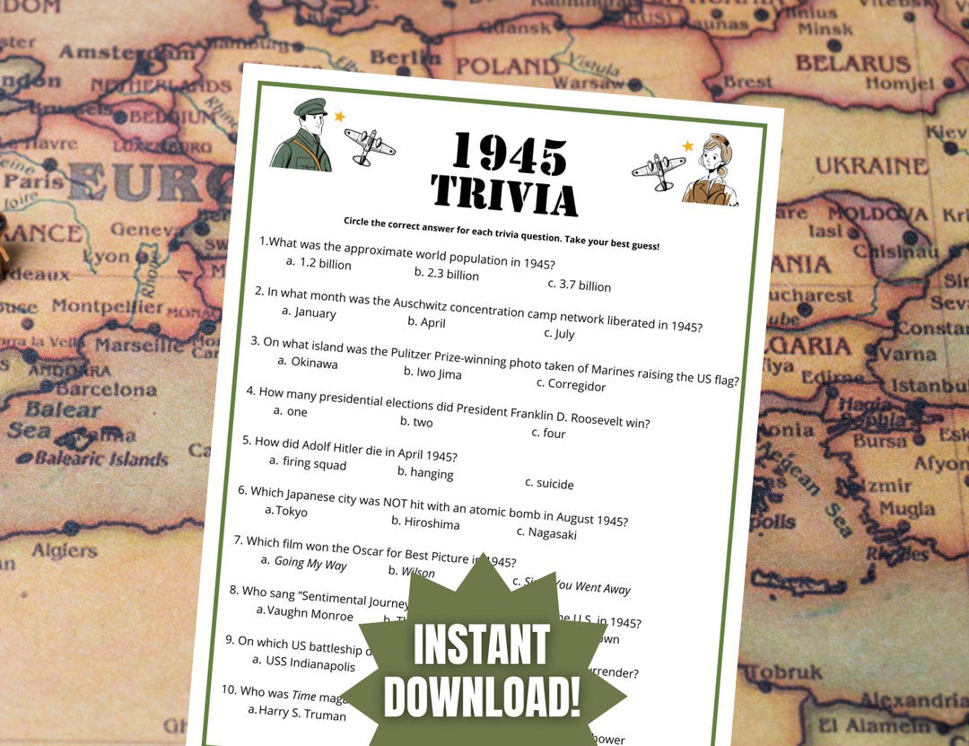1945 Trivia Game: 40s Party, 80th Birthday (printable PDF) - Etsy