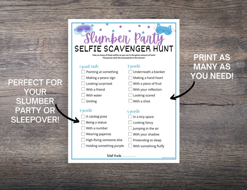 Sleepover Selfie Scavenger Hunt Game: Tween/teen Pajama Party Activity ...
