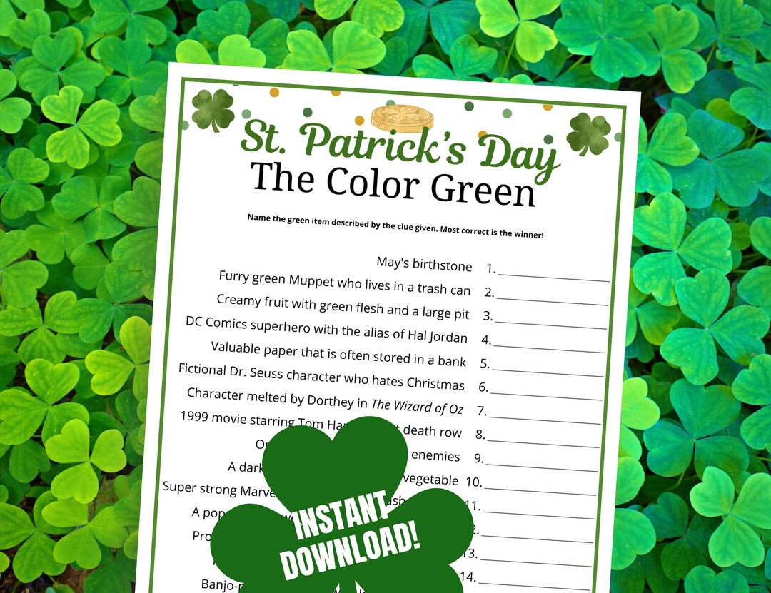 St. Patrick’s Day the Color Green Game, St. Patty's Day Quiz Game for ...
