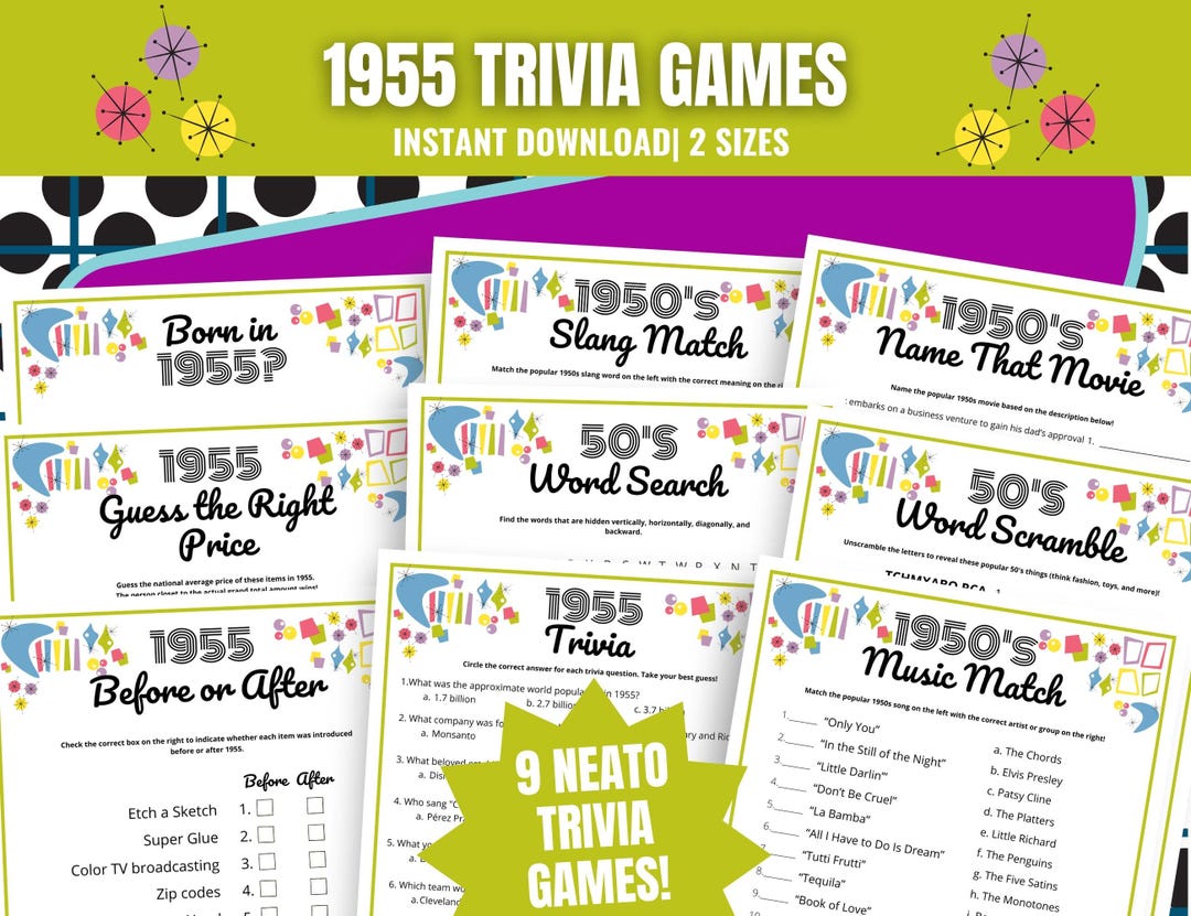 1955 TRIVIA Games BUNDLE, Fun 1955 Questions & Answers, 70th Birthday ...