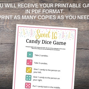 Sweet 16 Candy Dice Game, Sweet 16 Party Game Printable for Her, Sweet ...