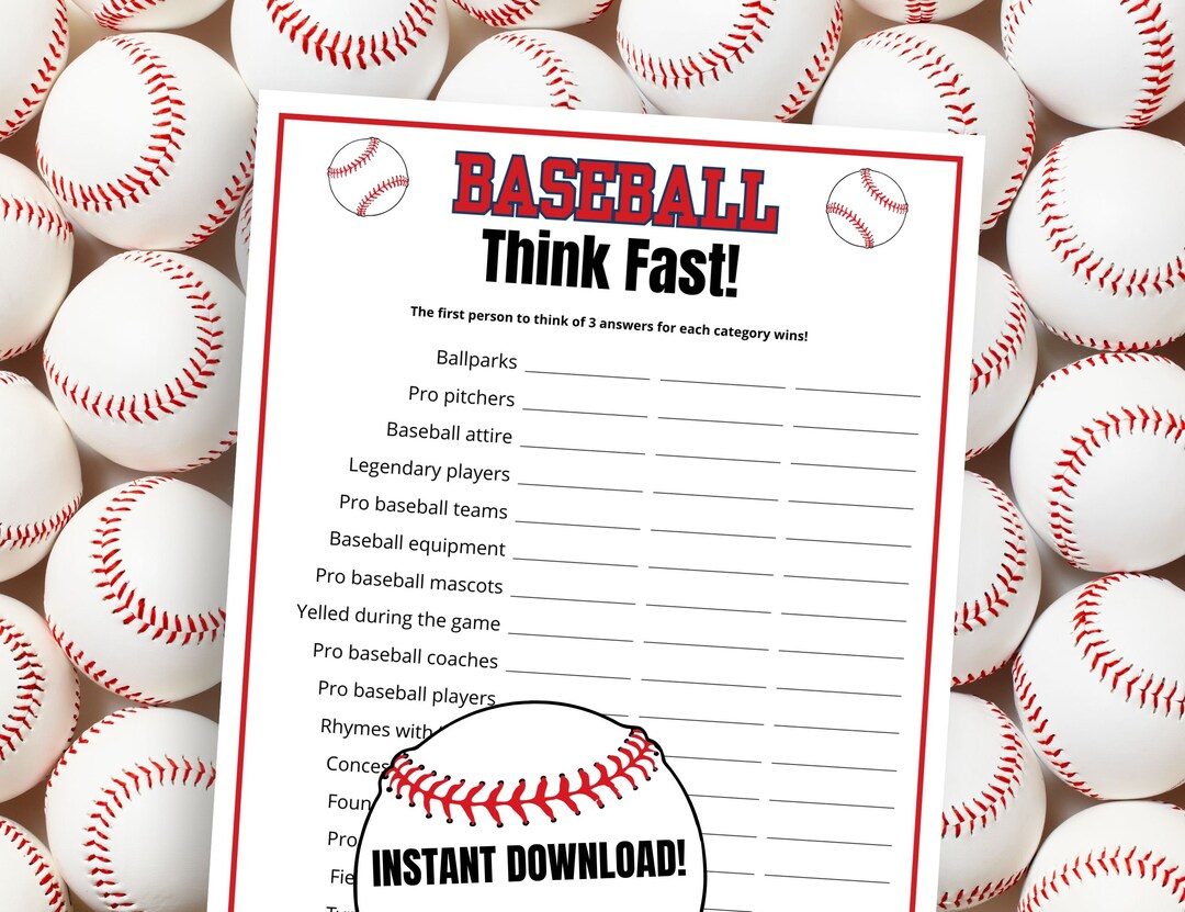 Baseball Think Fast Game, Baseball Party Printable Game, Baseball ...