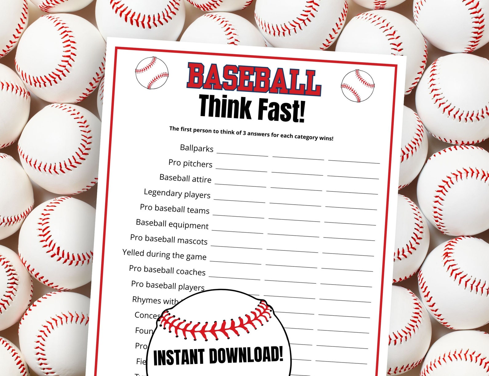 Baseball Think Fast Game, Baseball Party Printable Game, Baseball ...