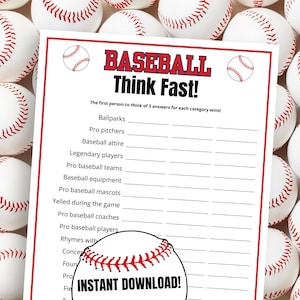 Baseball Think Fast Game, Baseball Party Printable Game, Baseball ...