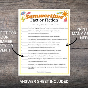 Summer Fact or Fiction Trivia Game, Fun Summer Trivia, Summer Activity ...