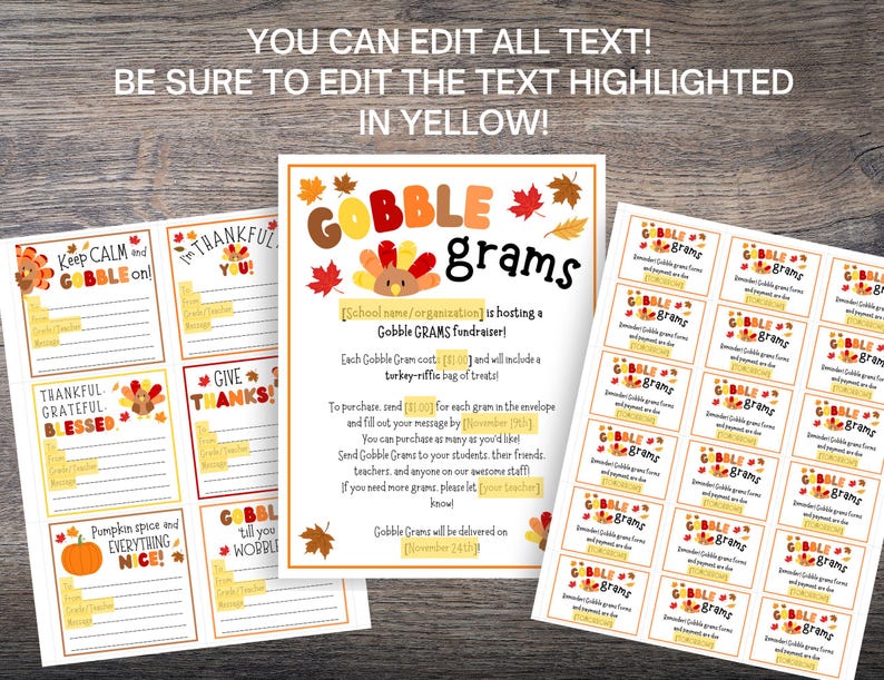 Thanksgiving Gobble Grams Fundraising Kit: Editable PTA PTO School or ...