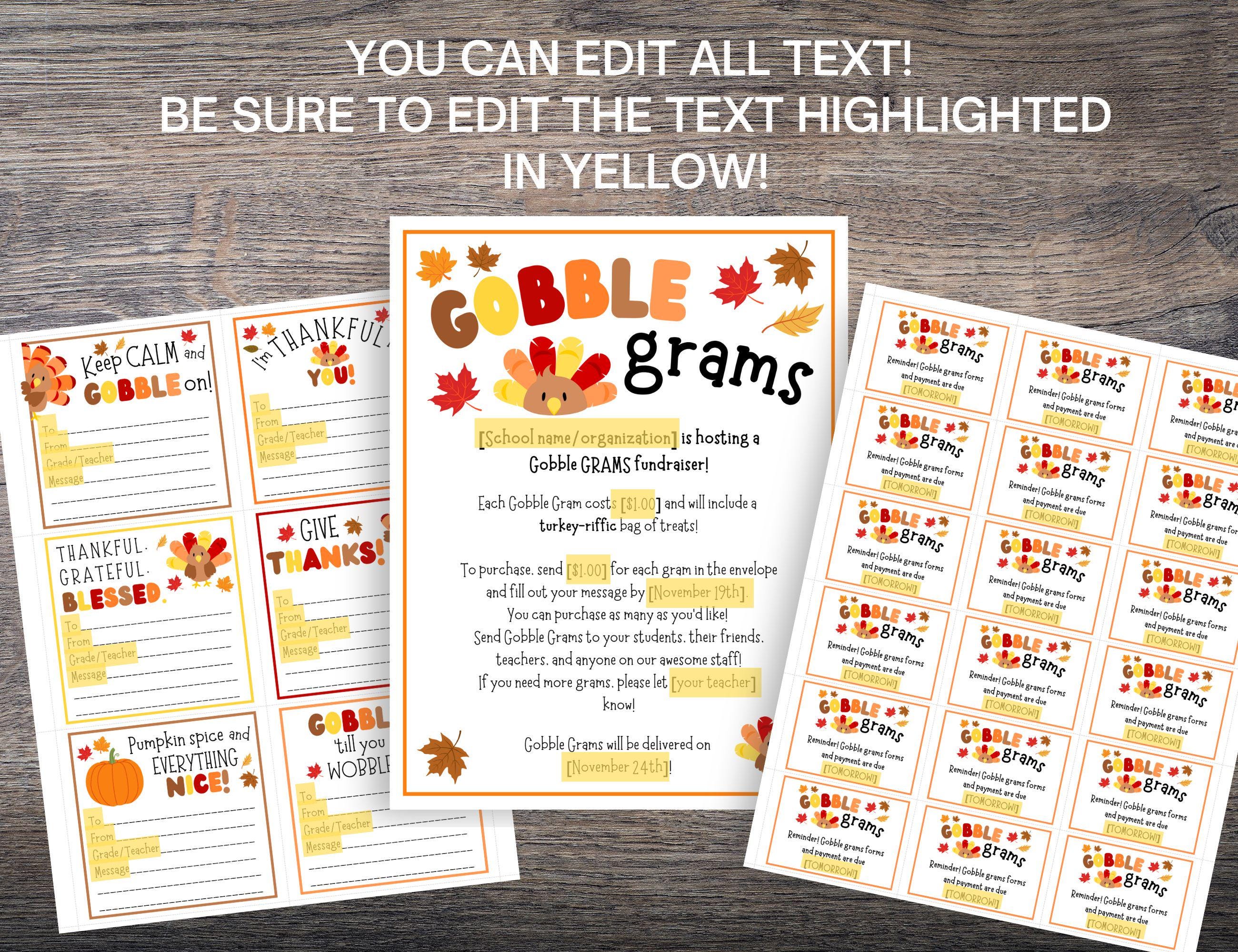 Thanksgiving Gobble Grams Fundraising Kit: Editable PTA PTO School or ...