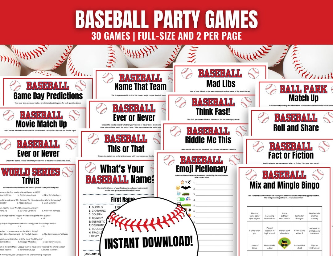 Baseball Party Games Bundle: 30 Printable Baseball-themed Games and ...