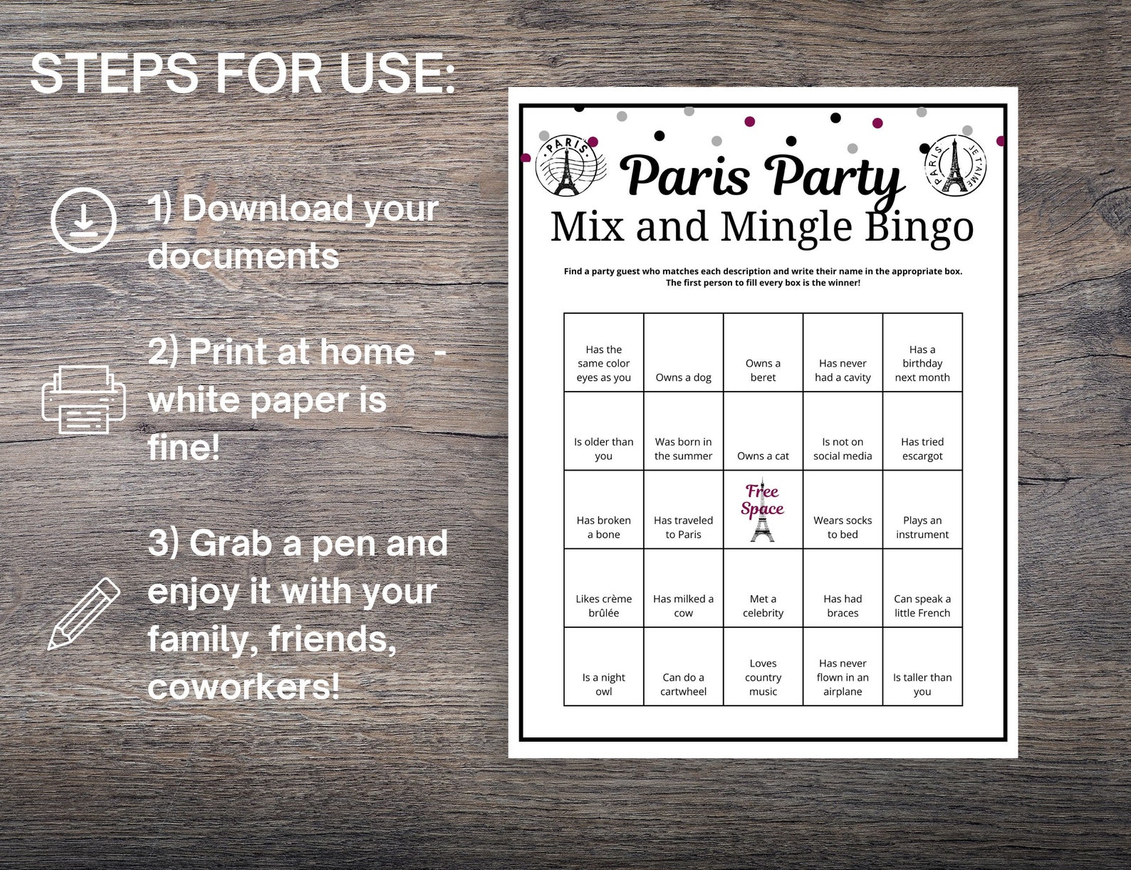 Paris Party Mix and Mingle Bingo Game, Find Someone Who, Find the Guest ...