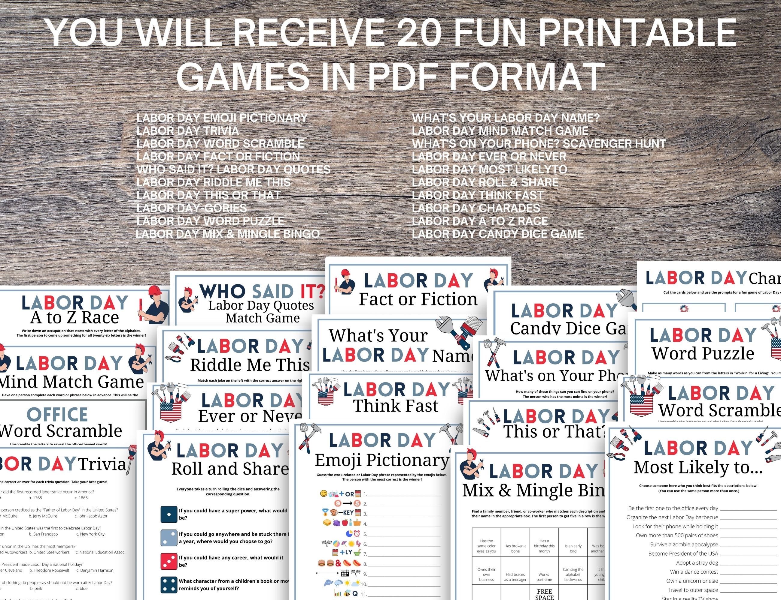 Labor Day 20-game MEGA Bundle Fun Labor Day Activities Labor - Etsy
