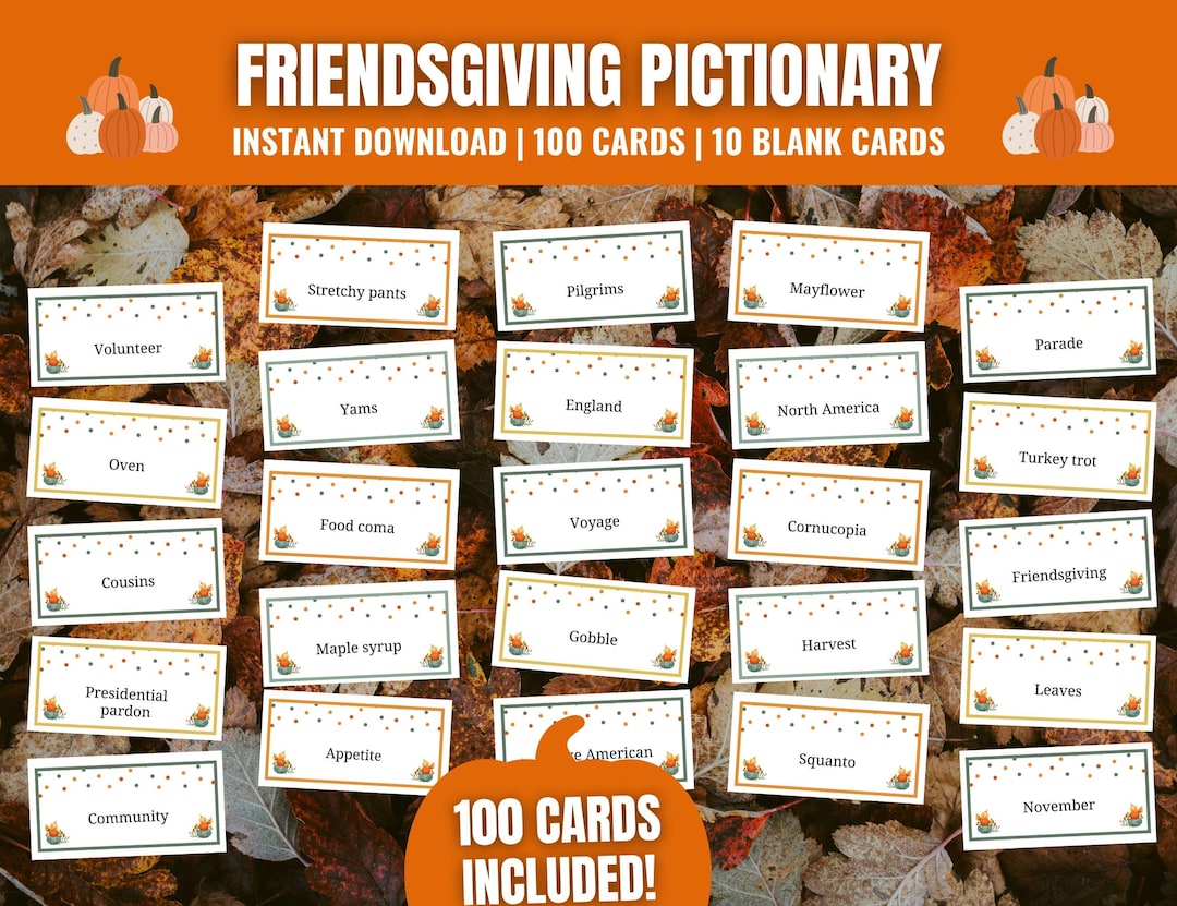 100 Friendsgiving Pictionary Cards, Printable Friendsgiving Pictionary ...