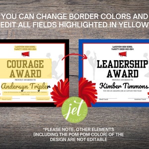 Editable Cheerleading Award Certificates: Team Awards With Red Pompoms ...