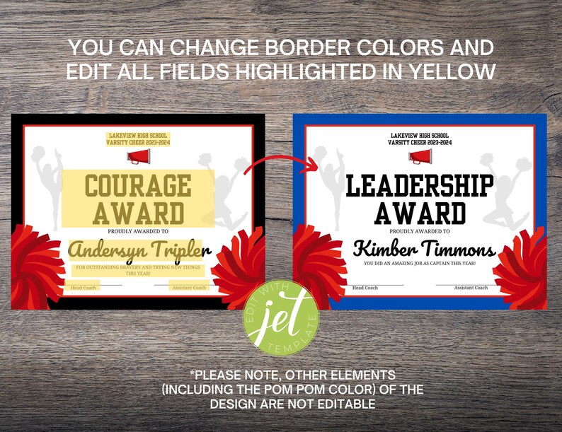 Editable Cheerleading Award Certificates: Team Awards With Red Pompoms ...