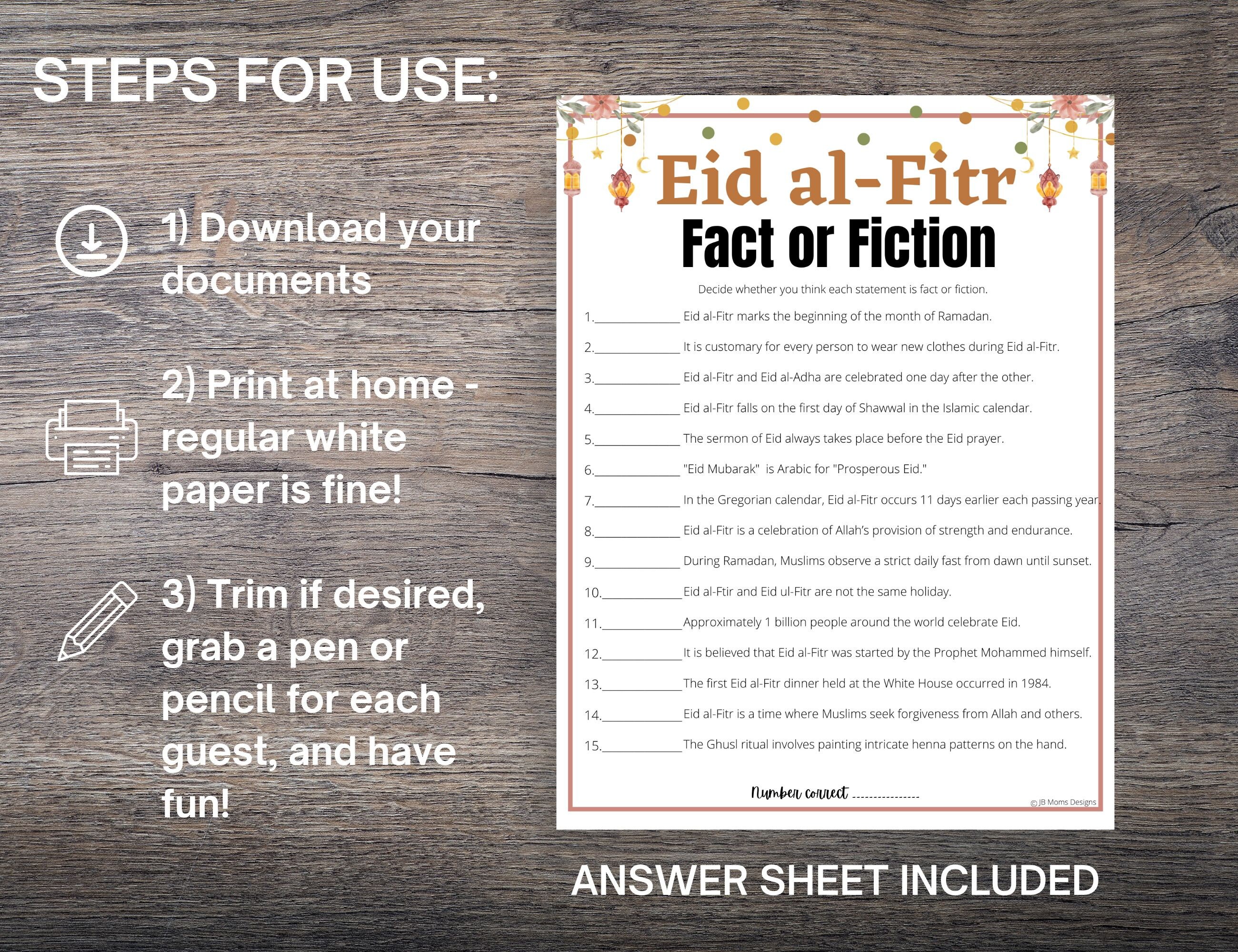 Eid Al-fitr Fact or Fiction Game Fun Lesser Eid Quiz Game for - Etsy