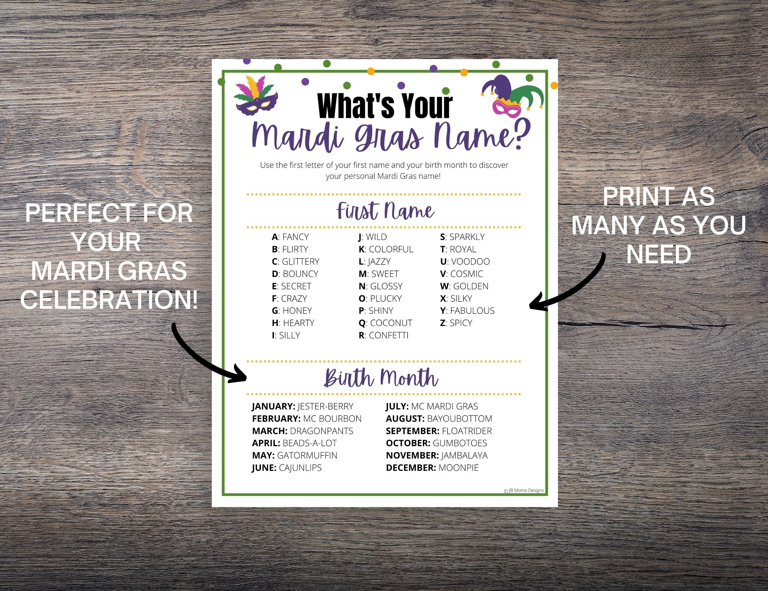 What's Your Mardi Gras Name Game Printable Funny Mardi - Etsy
