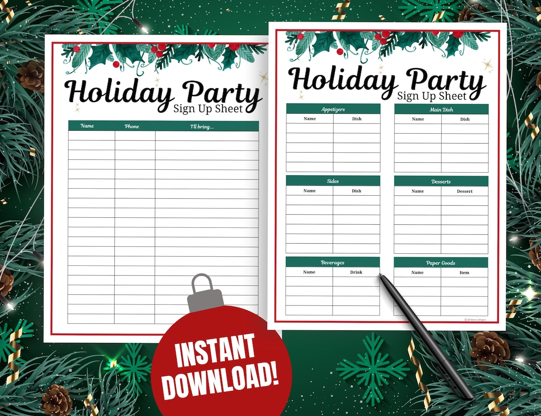 Holiday Party Potluck Sign up Sheet, Holiday Party Signup Sheet ...