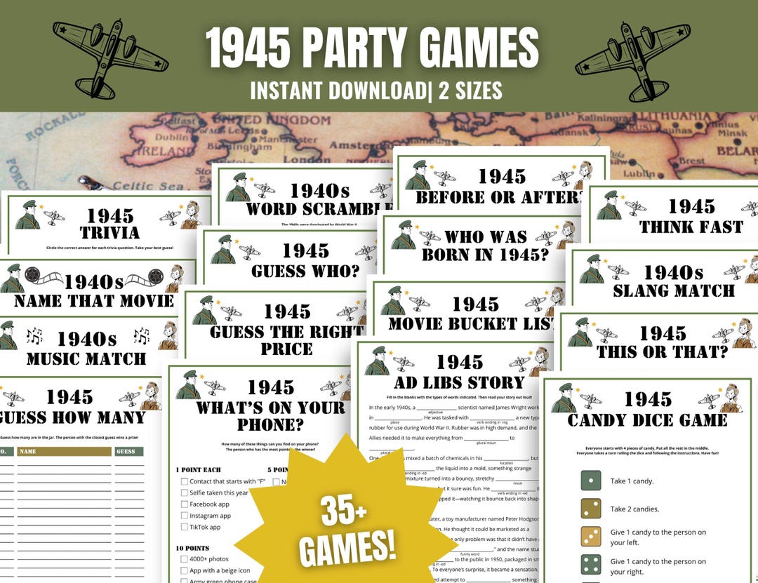 1945 Party Games MEGA BUNDLE, 1945 Trivia Games for 80th Birthday Party ...