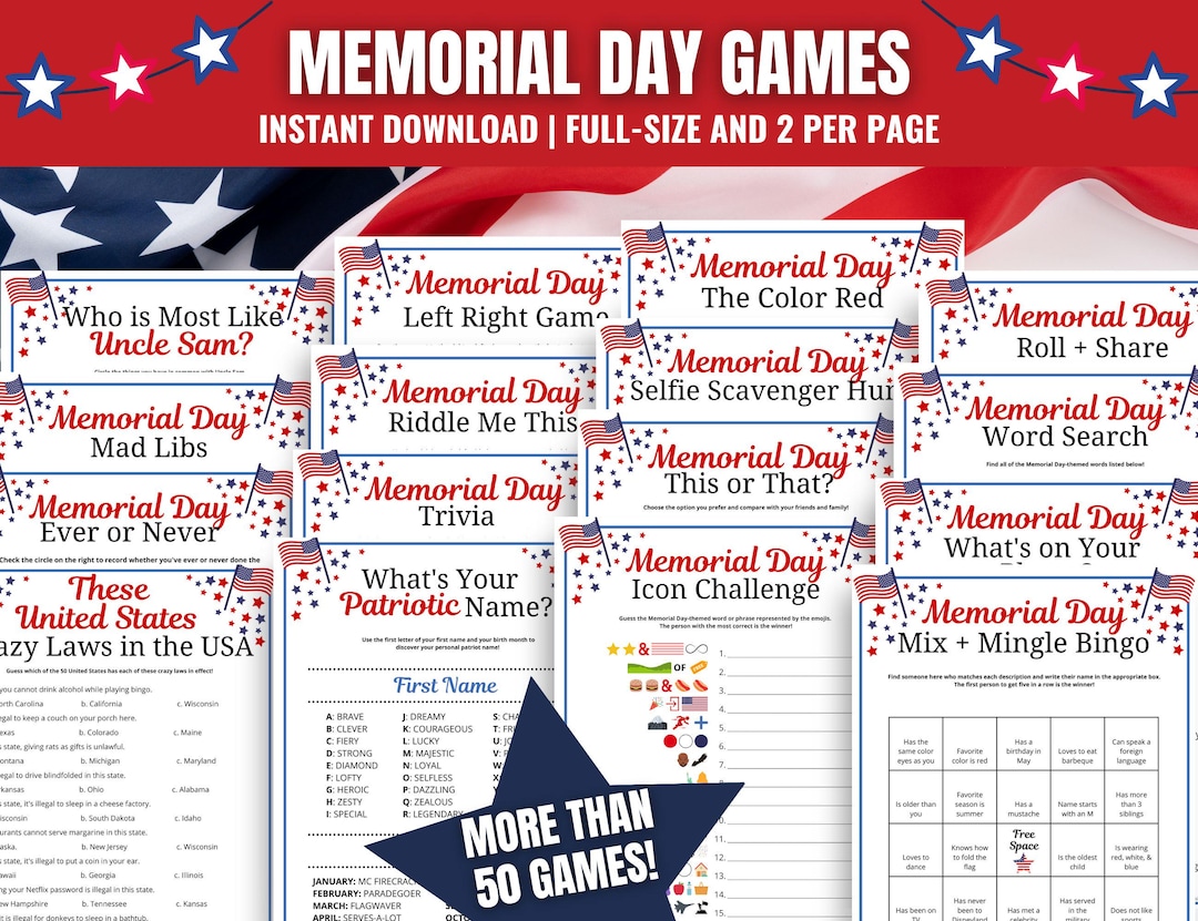 Memorial Day Games MEGA Bundle: 50+ Printable Activities and ...