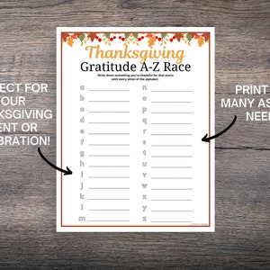 Gratitude A to Z List for Thanksgiving Dinner, School Thanksgiving Activity, Thanksgiving Game ...