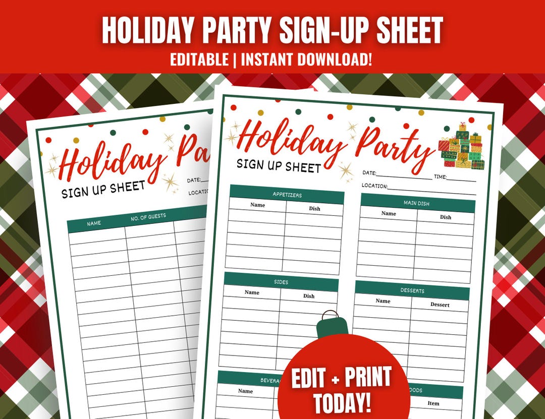 Holiday Party Sign up Sheet, Christmas Party Signup Sheet, Office ...