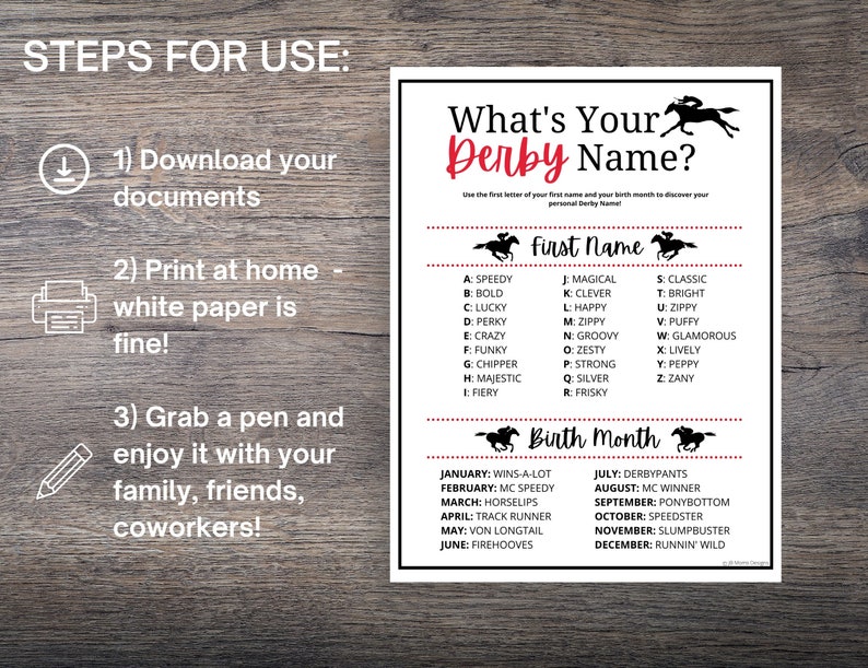 Kentucky Derby Game: What's Your Derby Name? Printable (PDF) - Etsy