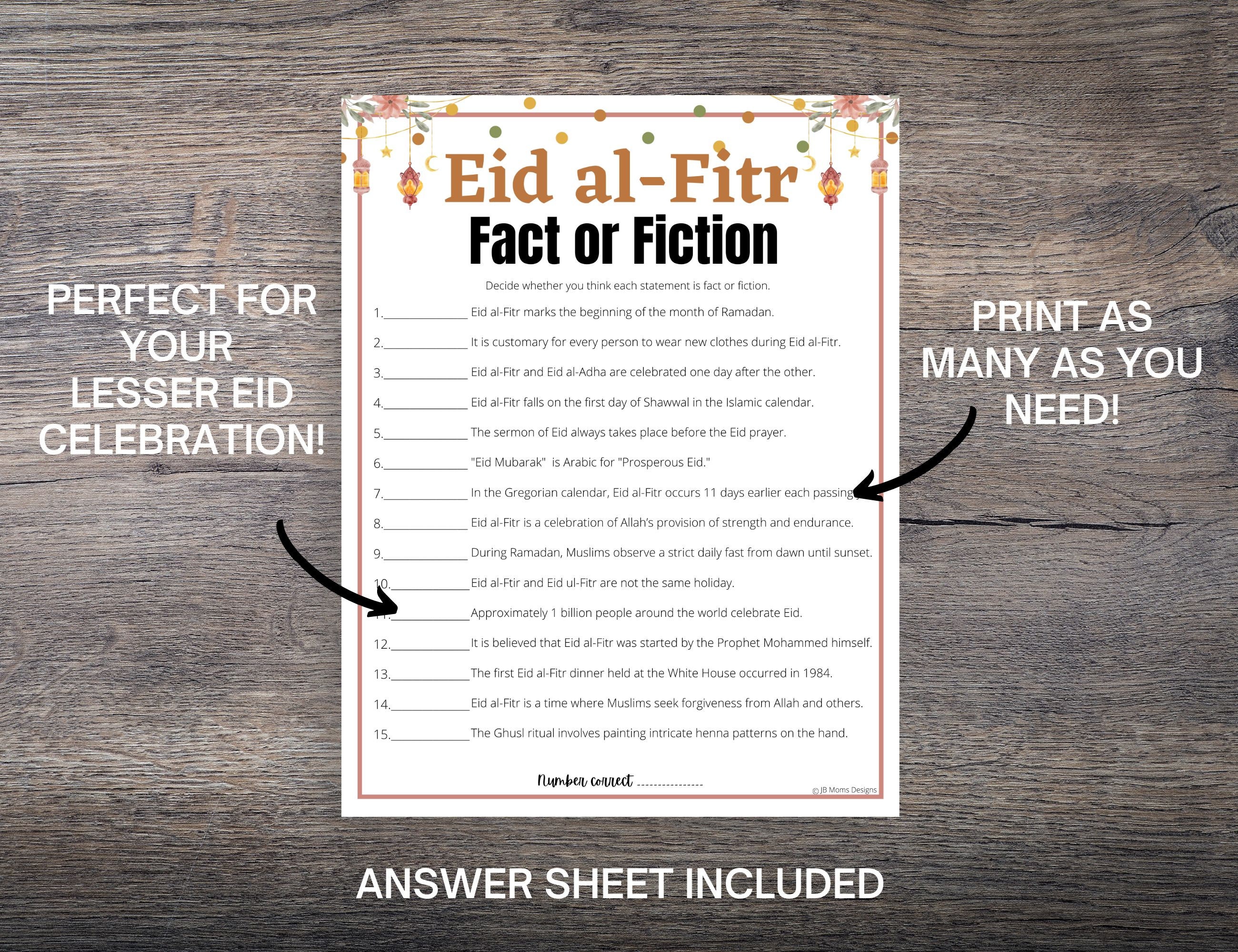 Eid Al-fitr Fact or Fiction Game Fun Lesser Eid Quiz Game for - Etsy