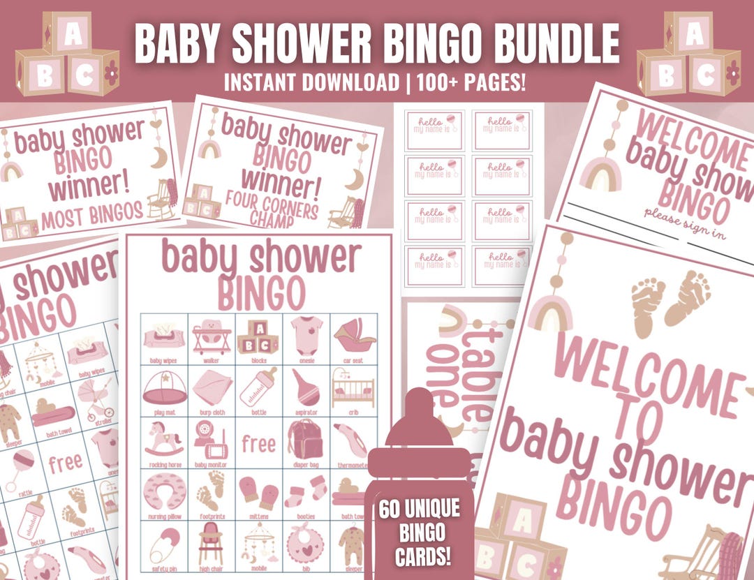 Girl Baby Shower Bingo MEGA BUNDLE, Pink Baby Shower Bingo Cards, Baby ...