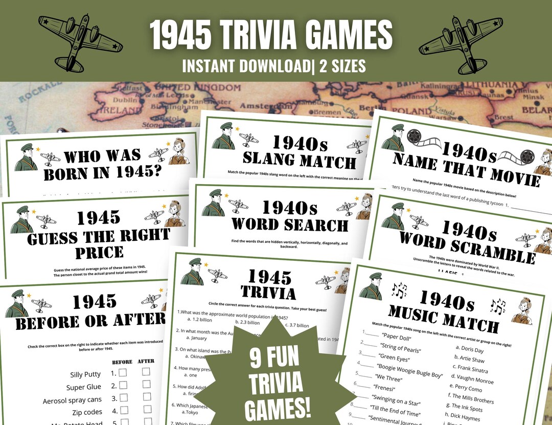 1945 TRIVIA Games BUNDLE, Fun 1945 Questions & Answers, Printable 1940s ...