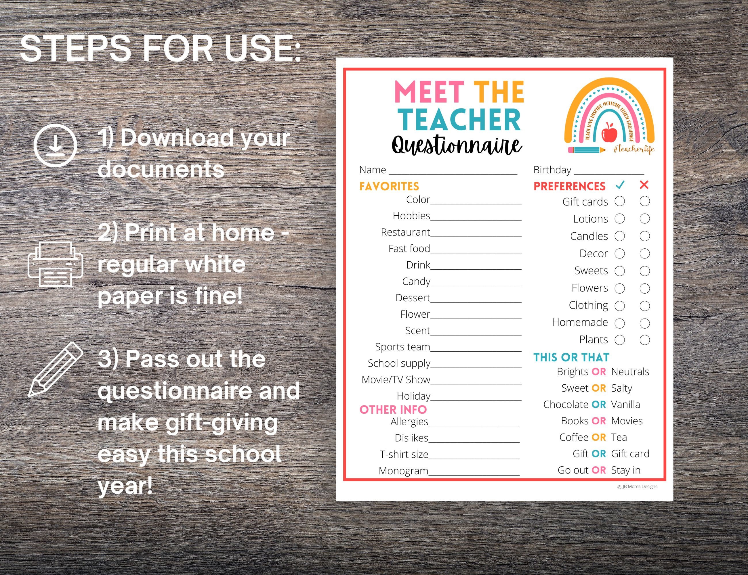 Meet the Teacher Questionnaire: Printable Teacher Survey (digital ...