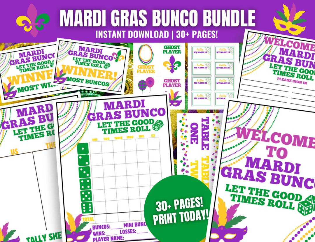 Mardi Gras Bunco Printable MEGA Bundle: Scorecards, Tally Sheets and ...