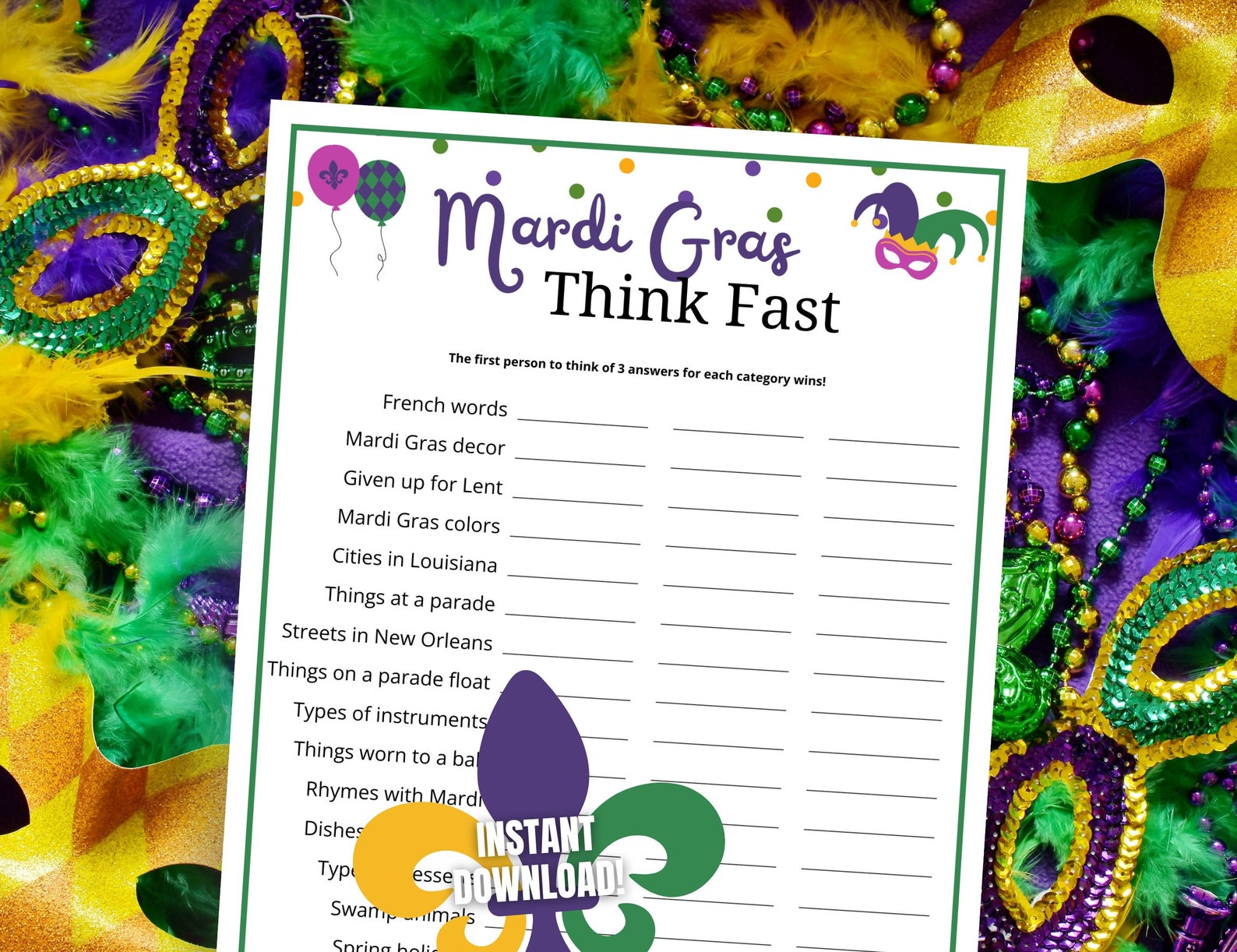 Mardi Gras Think Fast Game: Printable Party Fun (digital Download) - Etsy