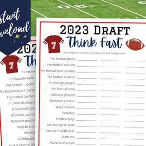 Football Draft Think Fast Game, 2023 Football Draft Party Game for ...