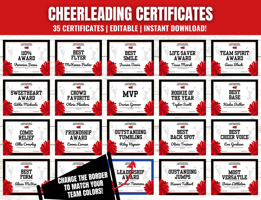Editable Cheerleading Award Certificates: Team Awards With Red Pompoms ...
