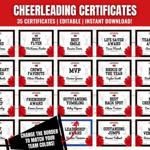 Editable Cheerleading Award Certificates: Team Awards With Red Pompoms ...