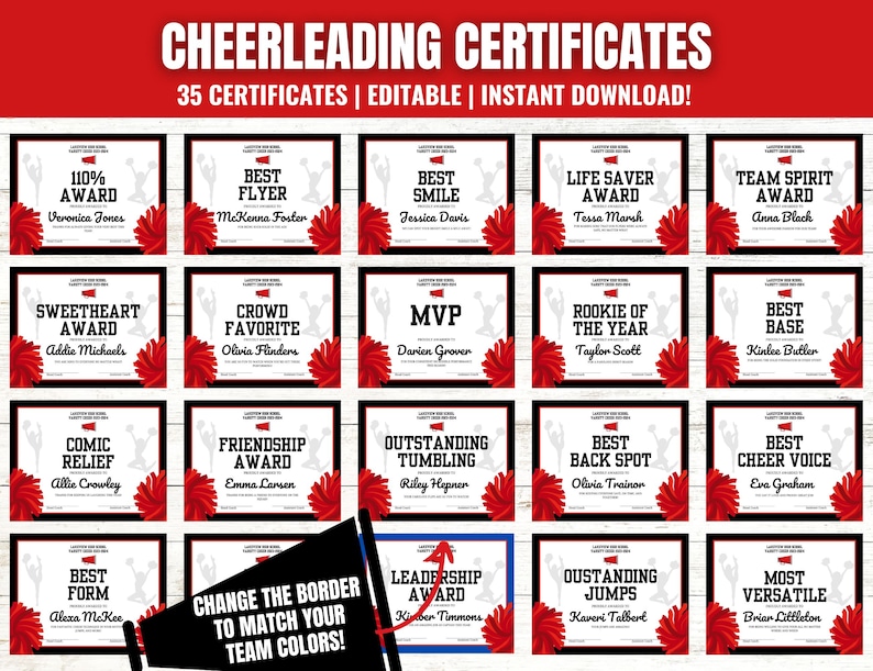 Editable Cheerleading Award Certificates: Team Awards With Red Pompoms ...