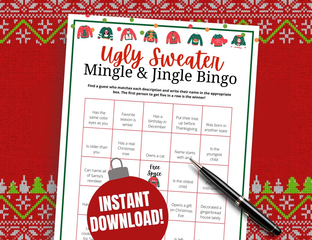 Ugly Sweater Mingle & Jingle Bingo Game, Guest Bingo, Ugly Sweater ...