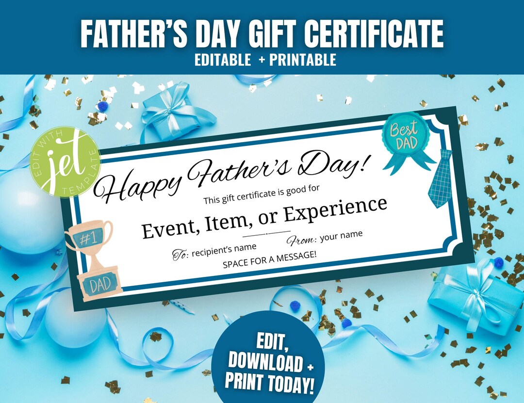 Fathers Day Gift Certificate Template, Best Dad Ever Fathers Day Coupon ...