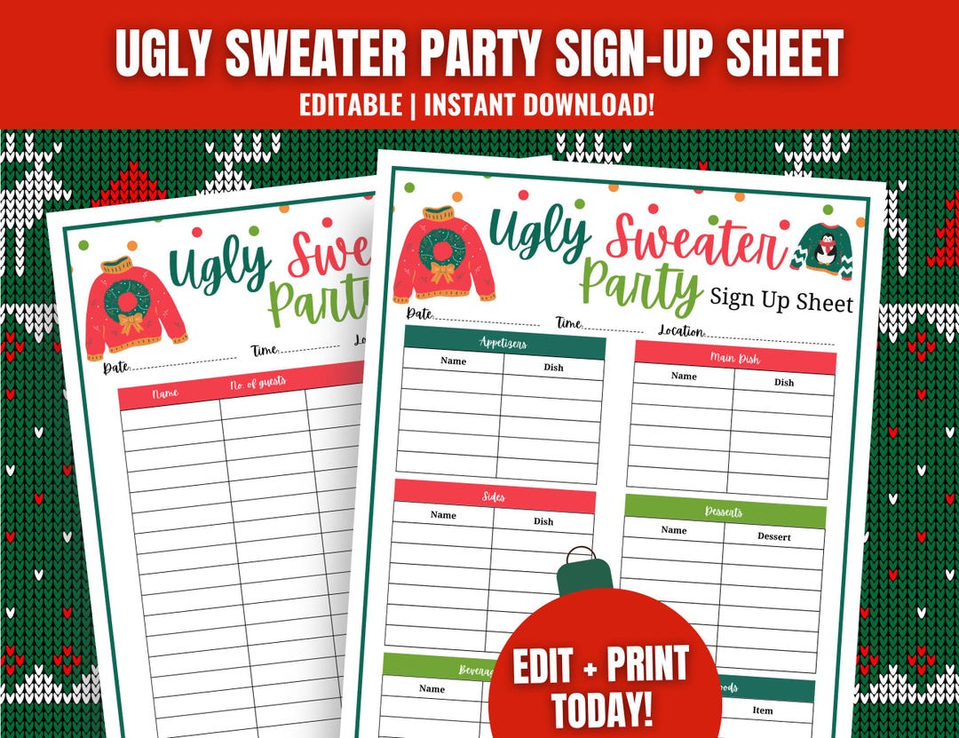Ugly Sweater Party Potluck Sign-up Sheet (digital Download, Editable ...