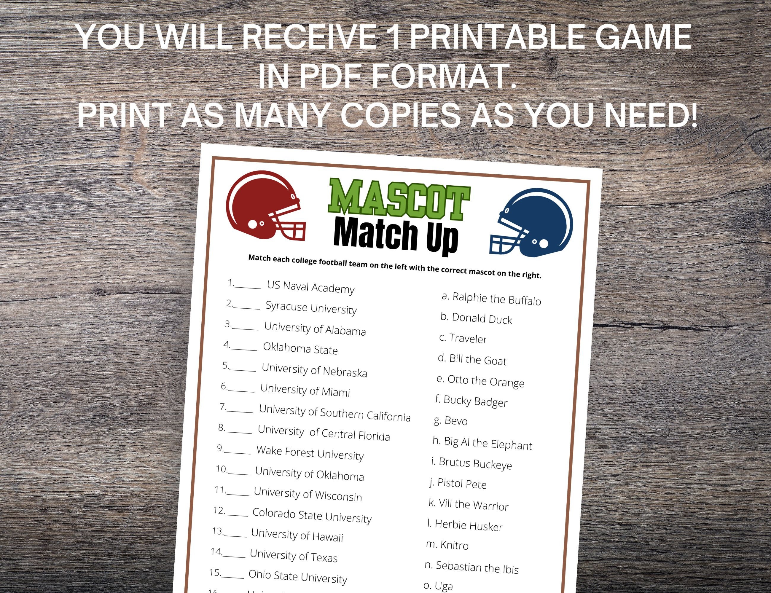College Football Party Mascot Match up Game Printable College - Etsy